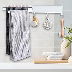 Swivel Towel Bar-3-Arm Bathroom Towel Rack 180° Rotating with Double-sided Tape No Nail Self-adhesive Hand Towel Holder No Nail Wall Mount Dish Rag Dishcloths Washcloth Storage Organizer Hanger（White）