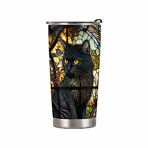 20oz Stained Glass Black Cat Tumbler, Gifts for Cat Lovers, Coffee Thermos for Women, Stainless Steel Double Wall Vacuum Insulated Coffee Mug, Travel Cup with Lid