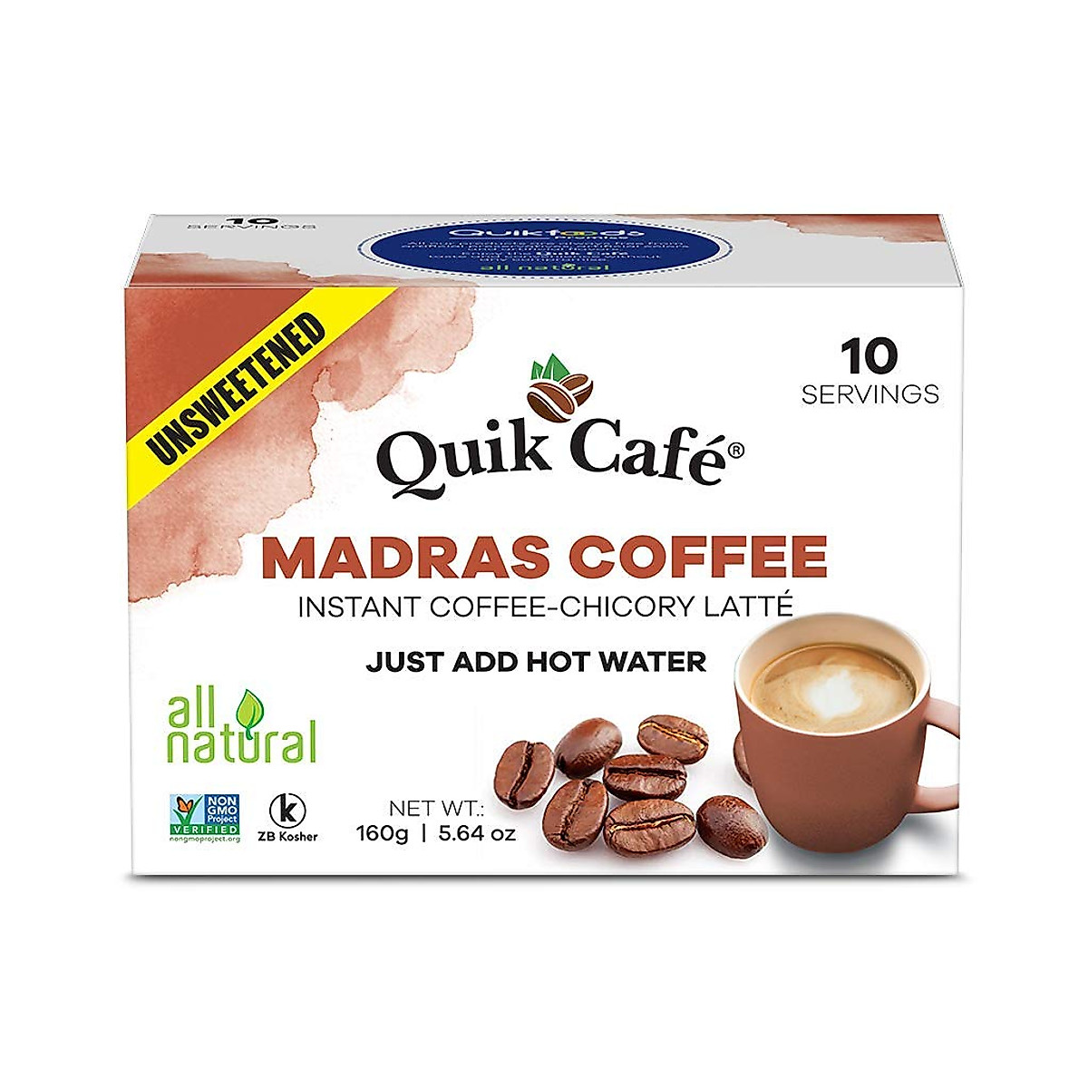 Quik Café Unsweetened Madras Coffee - 10 Count - All Natural Preservative Free Authentic Instant Coffee Latte