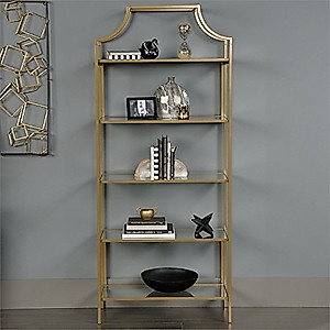 Pemberly Row Modern 5 Shelf Metal Bookcase in Satin Gold Finish