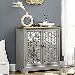 HOMCOM Farmhouse Sideboard Buffet Cabinet, Kitchen Storage Cabinet, Accent Cabinet with Double Glass Doors and Solid Wood Countertop for Kitchen, Living Room, Gray