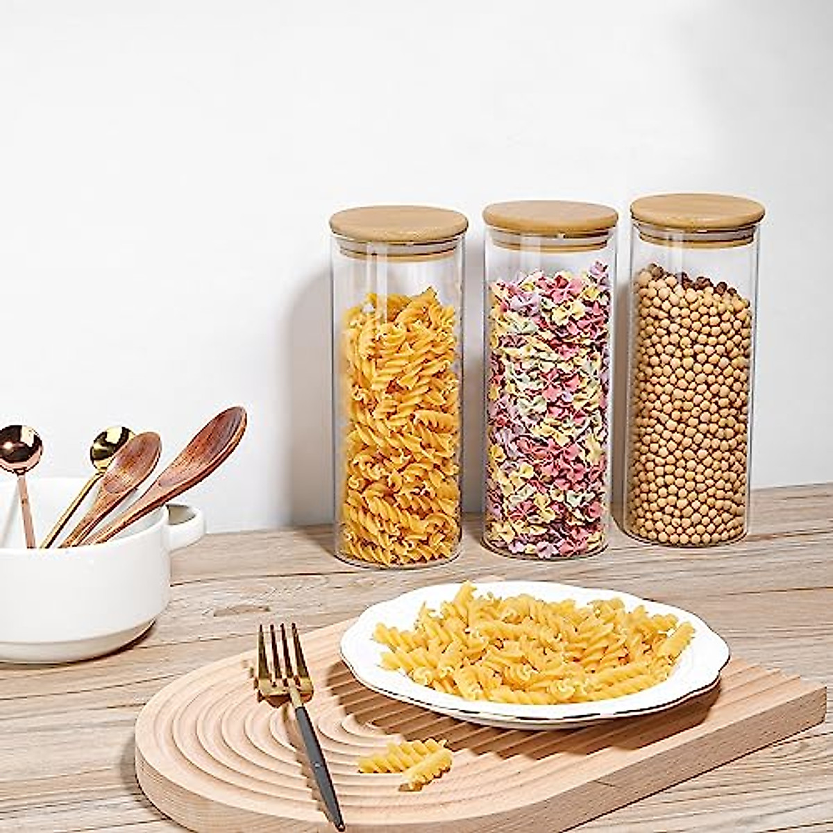 ComSaf Airtight Glass Storage Containers with Bamboo Lid (30oz Set of 3), Clear Food Storage Canisters with Lid, Kitchen Pantry Storage Jar for Flour Cereal Sugar Tea Coffee Beans Snacks, Round