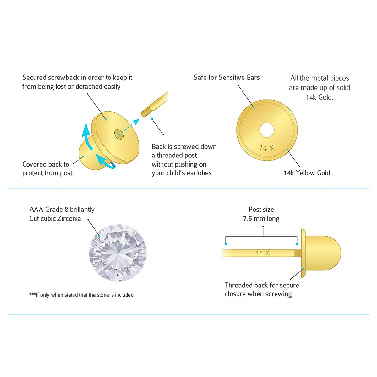 14k Yellow Gold Plain Heart Cubic Zirconia Children Screwback Baby Girls Stud Earrings