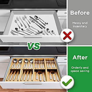 Ollieroo Bamboo Silverware Drawer Organizer, Compact kitchen Drawer Organizer for Flatware, Utensil Holder for Spoons, Forks, Knives, Drawer Organization for Kitchen, Bathroom, Livingroom, Office,1pcs