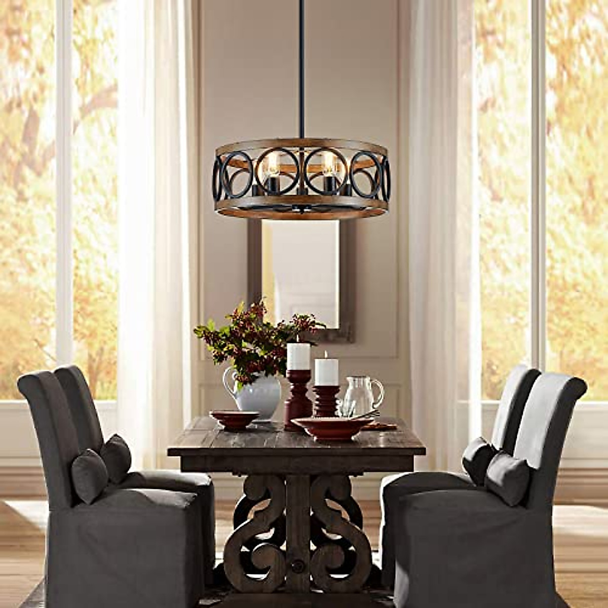 XINGQI Dining Room Chandelier Over Table, Modern Farmhouse Chandelier, 21.7'' Drum Rustic Pendant Light Fixture for Living Room, Round Metal Shade with Black+Wood Grain Finish, 5 Lights