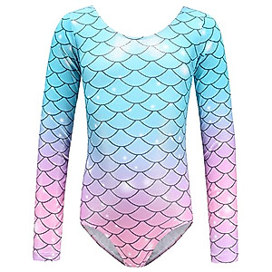 SEAUR Kids Leotard Gymnastics Dance Leotards for Girls Gymnastics Bodysuit Long Sleeve One-Piece Sparkle Mermaid Dance Outfit Athletic Dancewear 13-14