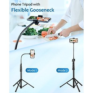 Phone Tripod, 80" Tall Tripod for iPhone with 13" Adjustable Gooseneck, Cell Phone Tripod with Remote and Phone Holder, Overhead Tripod Stand for iPhone 15 14 13 12 Android Phone