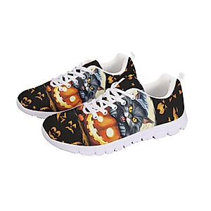 Jeiento Lightweight Halloween Shoes for Women Girls Cute Cowboy Cat Running Shoes Pumpkin Outdoor Breathable Mesh Running Walking Sneaker for Teenager Size US 8.5