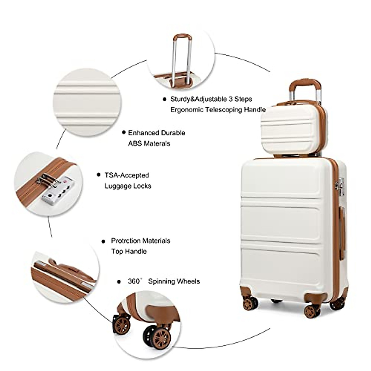 KONO 2 Piece Luggage Sets Lightweight, 20" Carry on Luggage and 12" Mini Cosmetic Cases Hardshell Suitcase Sets, Durable Hardside Suitcase with Spinner Wheels TSA Lock Cream White