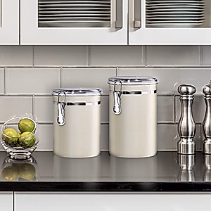 Oggi Stainless Steel Kitchen Canister 47 fl oz, Gray - Airtight Clamp Lid, Clear See-Thru Top - Ideal for Kitchen Storage, Food Storage, Pantry Storage. Large Size 5" x 6".