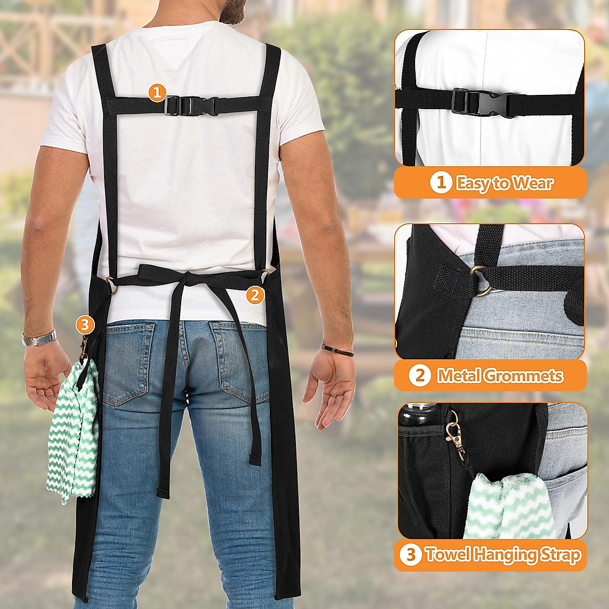 HODRANT Heavy-duty BBQ Grilling Apron, Outdoor Cooking Apron for Men & Women Chef with Dual Shoulder Straps & Adjustable Buckle, Anti-oil Kitchen Apron with Multiple Pockets & Slit Hem, Apron Only