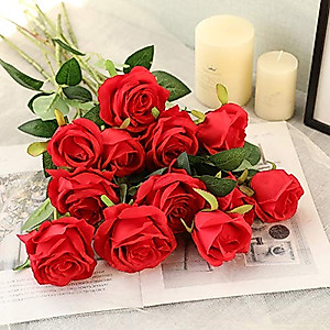 Hawesome 12PCS Artificial Silk Flowers Realistic Roses Bouquet Long Stem for Home Wedding Decoration Party (A-Red)