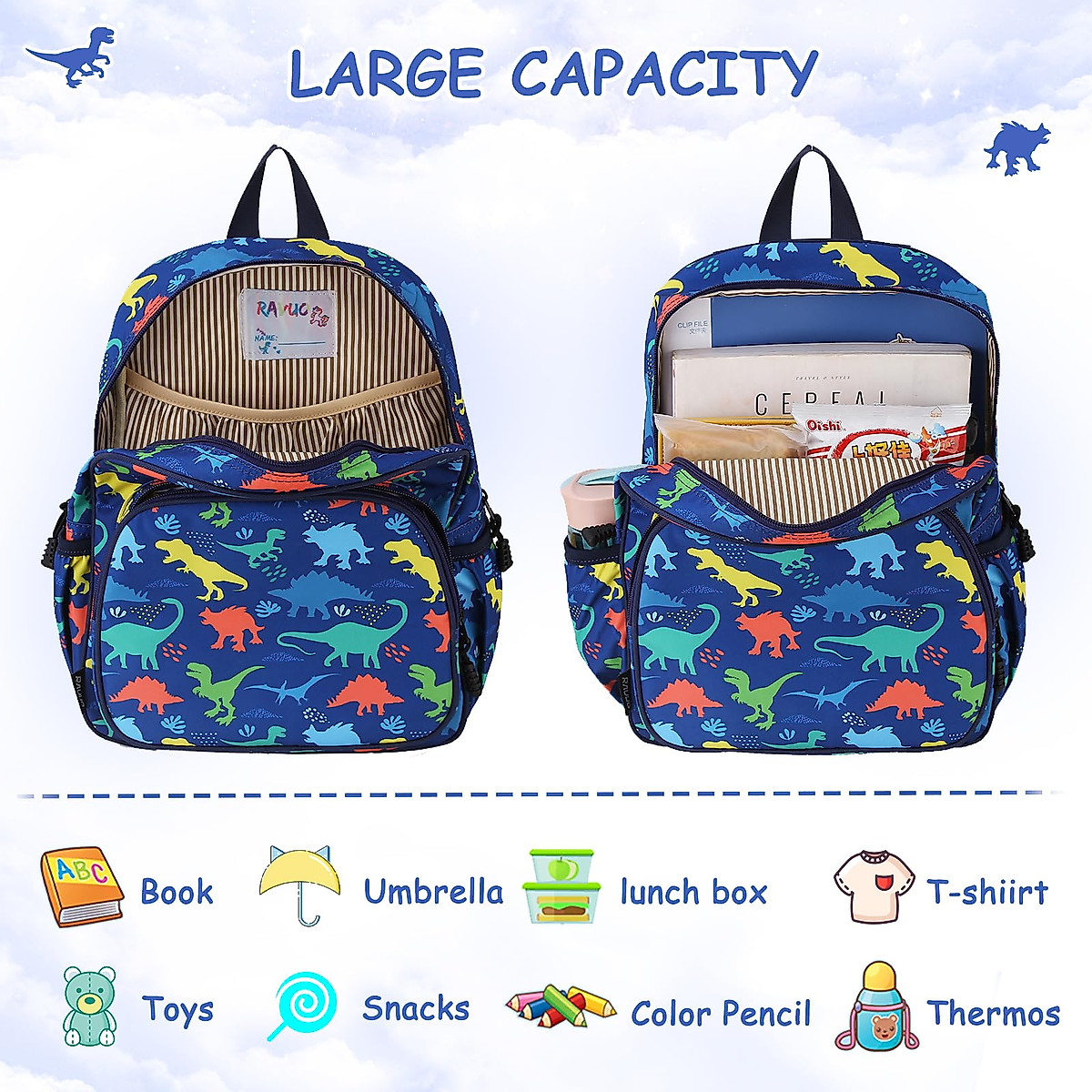 RAVUO Kids Backpack, Cute Dinosaur Backpack for Boys Toddler School Bookbag with Chest Strap