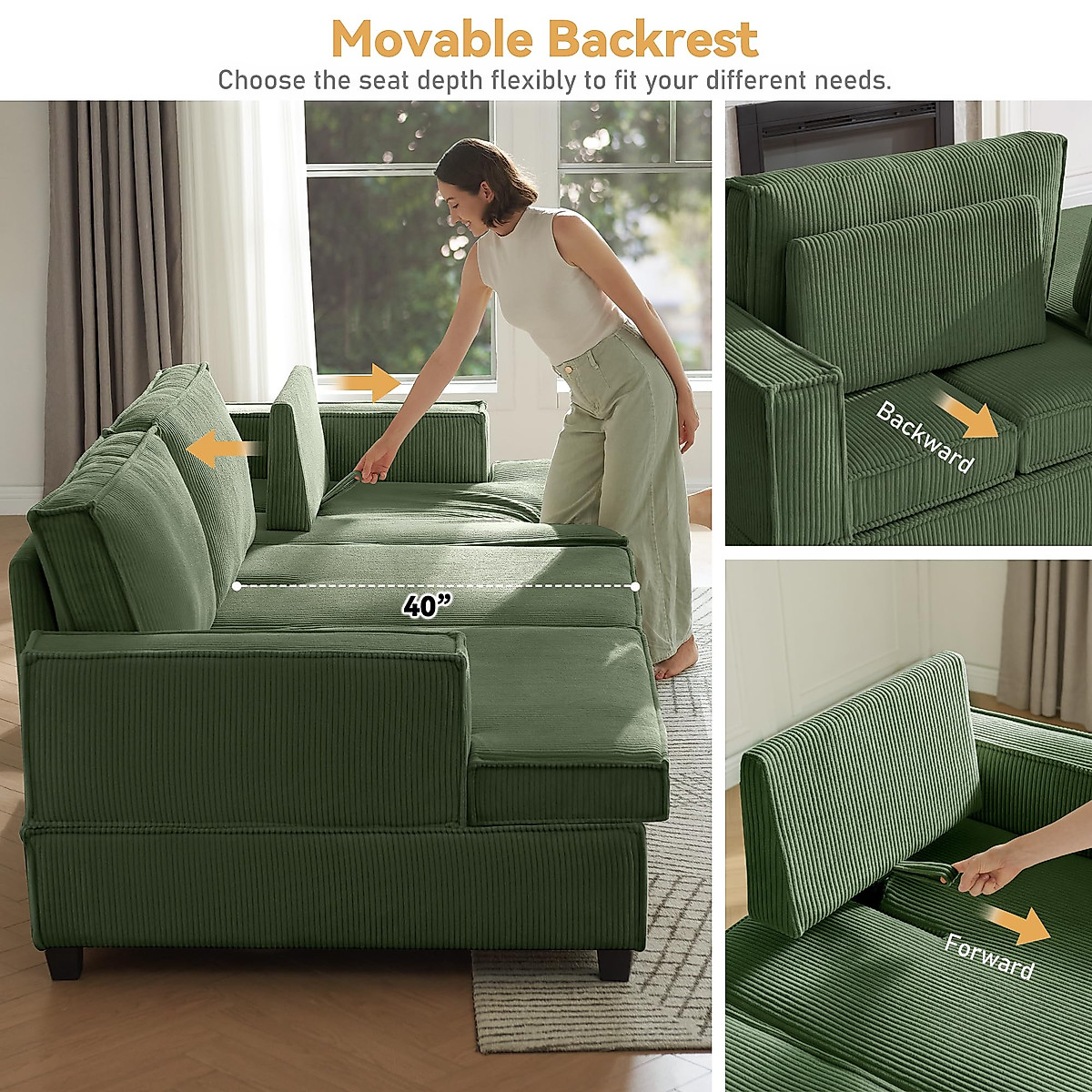 Brelice Oversized Modular Sectional Sofa, 142 inch Corduroy I Shaped Couch Sofa with Adjustable Seat Depth, 4 Seat Cloud Sofa Extra Large Deep Seat Couch for Living Room, Office or Apartment, Green