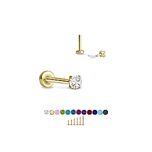 316 Stainless Steel Yellow Gold-Tone Threadless Push Pin Nose Ring Labret Monroe Stud 1.5mm Prong Teal CZ 18G