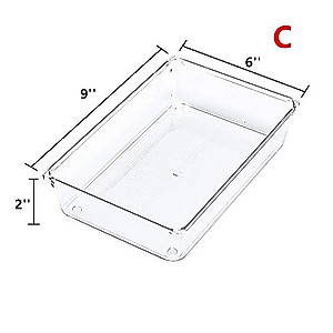 Slideep Clear Desk Drawer Organizer Trays, Dresser Desk Drawer Dividers Large Capacity Plastic Storage Bins for Cosmetic, Makeup Trays, Kitchen Gadgets, Office Accessories, 4 Different Sizes, 6 Pcs