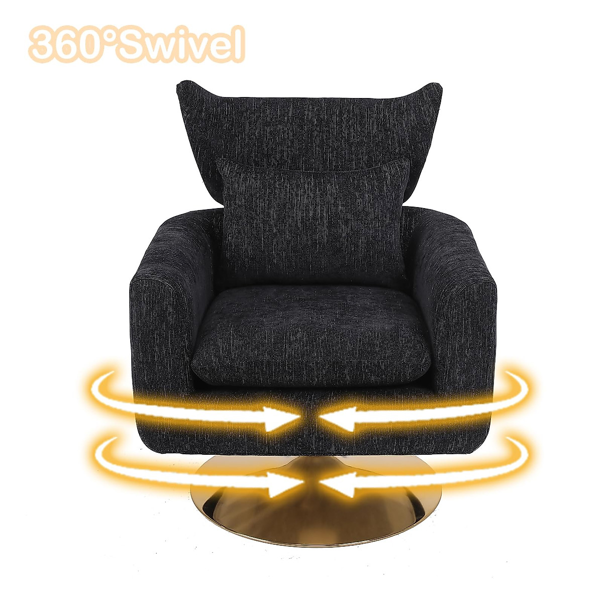 TehRecBT Modern Swivel Barrel Chair, Comfy Swivel Accent Armchair w/Gold Base, 360 Degree Swivel Club Chair Sofa Arm Leisure Chair for Nursery Bedroom Living Room Home Office (Black)