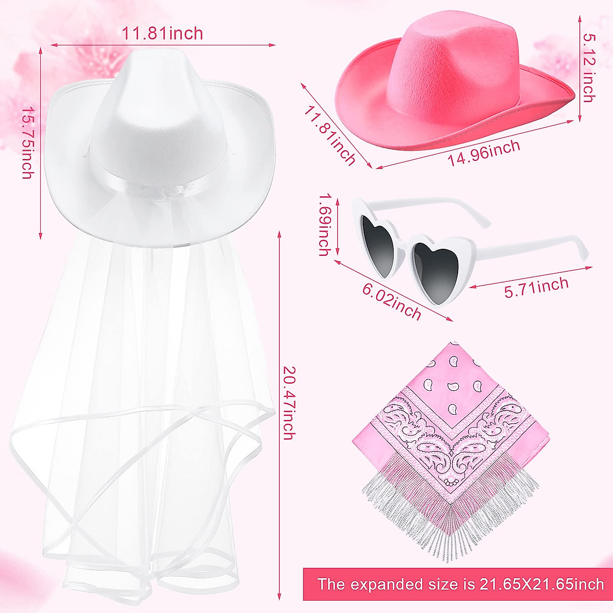 6 Sets Cowgirl Bachelorette Party Decorations Bulk Bride Cowboy Hat Rhinestone Bandana Heart Glasses for Last Disco (Elegant Style,White, Pink)