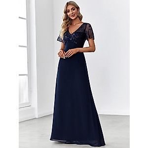 Ever-Pretty Women's Short Sleeve Sweetheart Illusion Wedding Party Maxi Dress Navy US14