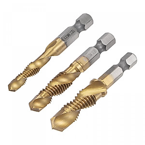 uxcell Combination Drill and Tap Bit Set, M6 M8 M10 Titanium Coated High Speed Steel 4341 Spiral Flute Drilling Tapping Tool 1/4" Hex Shank 3pcs