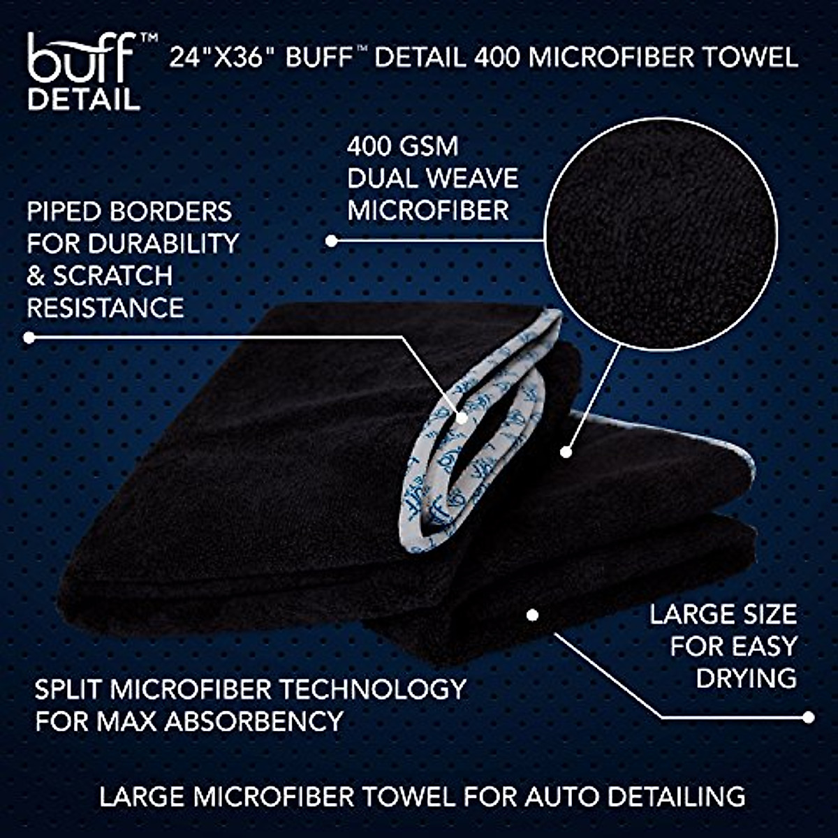 MW Pro Detail Microfiber Car Towels (24"x 36") | 400 GSM | 80/20 Blend | Tagless | Soft Satin Piped Edges | All-Purpose Auto Detailing - Wax, Buff, Polish, Wash, Dry | 2 Pack (Black)