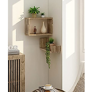 Maxpeuvon Corner Floating Shelves, Wooden Wall Mounted Rustic Farmhouse Organizer Display Pictures Plants Storage Shelf Home Decor for Office, Living Room, Set of 3, Brown