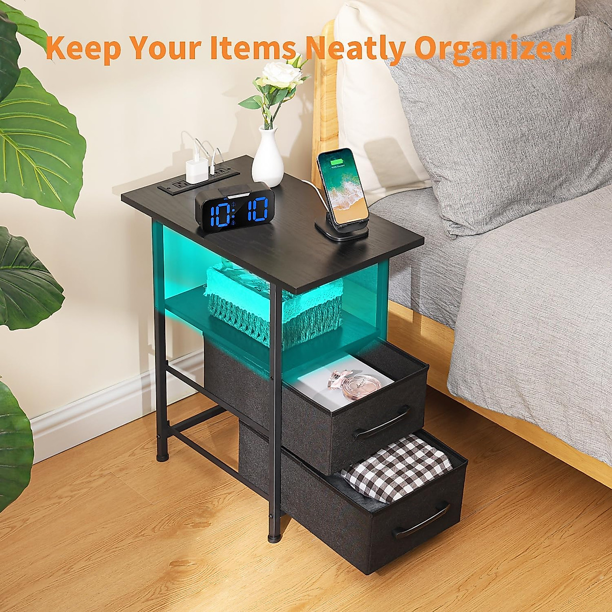 LAKEMID Narrow Side Table Set 2 with LED Light and USB C Port, Night Stand with Charging Station, Skinny End Table with 2 Fabric Drawers, for Bedroom, Living Room, Black