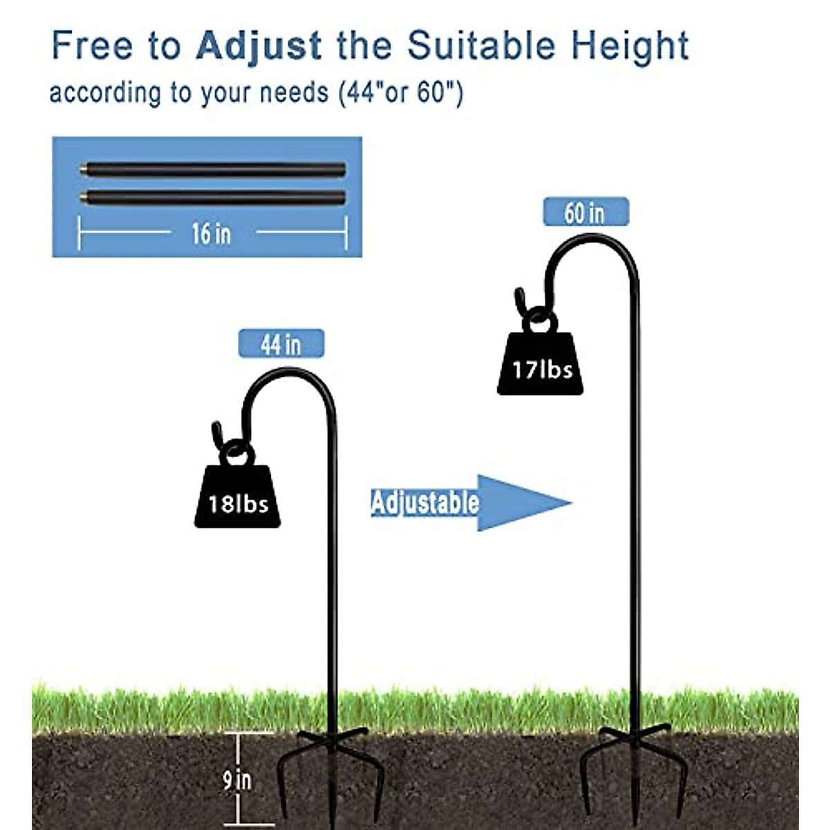 Artigarden 60 inch Outdoor Shepherd Hook with 5 Prong Base (2 Packs), Adjustable Heavy Duty Garden Hanging Stake for Bird Feeder Solar Light Plant Hanger Wedding Decor, Matte Black