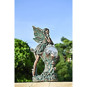 TERESA'S COLLECTIONS Solar Garden Fairy Statue, Outdoor Patina Bronze Fairy Sculptures with Crackle Glass, Garden Figurines Lawn Ornaments Garden Art for Balcony Patio Yard Decor 12.4 Inch