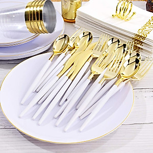 Nervure 140PCS White and Gold Plastic Plates & Disposable Gold Plastic Plates - 20 Dinner Plates, 20 Dessert Plates, 60 Gold Plastic Silverware, 20 Cups, 20 Napkins for Weddings & Party