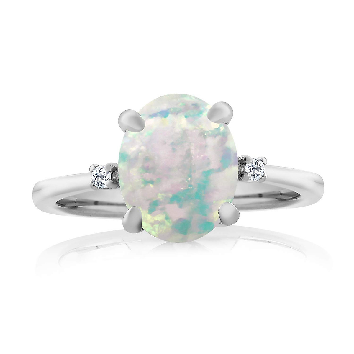 Gem Stone King 925 Sterling Silver White Simulated Opal and White Topaz Ring For Women (1.74 Cttw, Oval Cabochon 10X8MM, Available In Size 5, 6, 7, 8, 9)