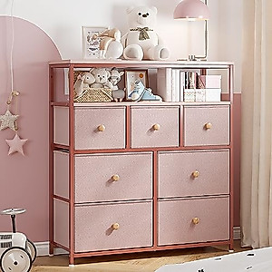 EnHomee Pink Dresser, Dresser for Bedroom with 7 Drawers, Chests of Drawers & Fabric Dresser for Girls Bedroom with Wood Top and Metal Frame, Nursery Dresser for Living Room, Closet, Entryway