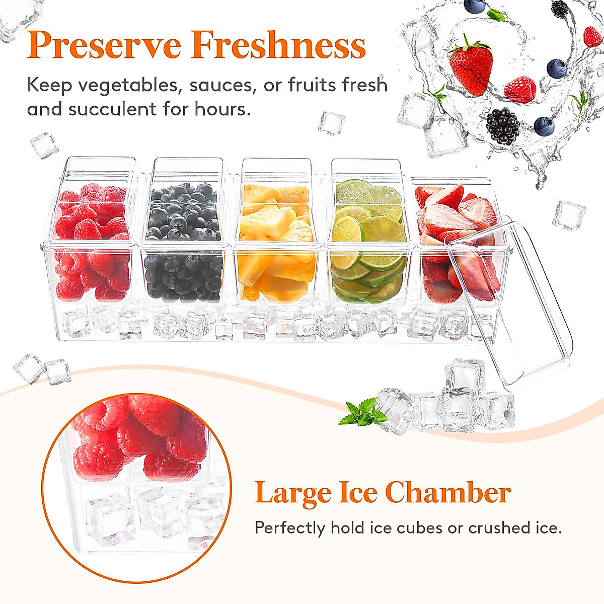 Lifewit Taco Bar Serving Set for Party with 5 Containers(2.5 Cup) & Components, Large Ice Chilled Condiment Caddy Organizer, Garnish Serving Tray Platter for Mimosa Bar Accessories, Fruit, Salad, Food