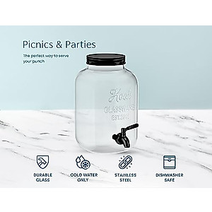 Kook Glass Drink Dispenser, Leak-Proof Stainless Steel Spigot, Clear Mason Jar, Large Beverage Storage for Fridge, Water, Iced Tea, Sangria, Lemonade, Parties, Outdoor Picnic, Pool 1 Gallon (1,Black)