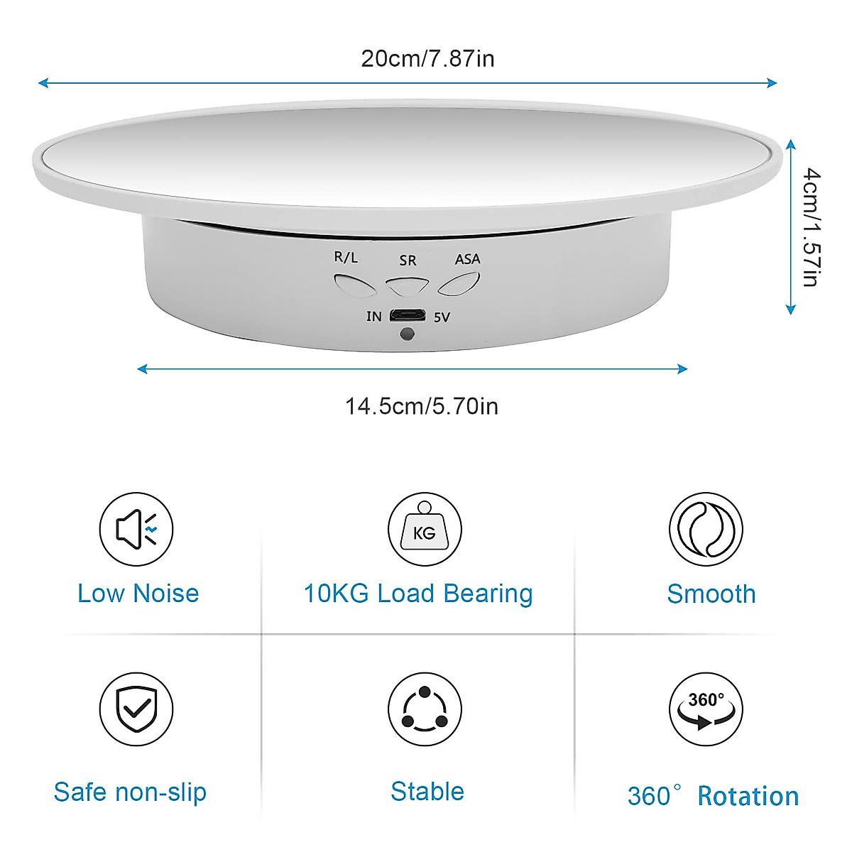 Fotoconic Motorized Rotating Display Stand, 20CM /Load 8KG, 360 Degree Electric Rotating Turntable for Photography Products, Jewelry, Cake,3D Model,Mirror Cover (White)