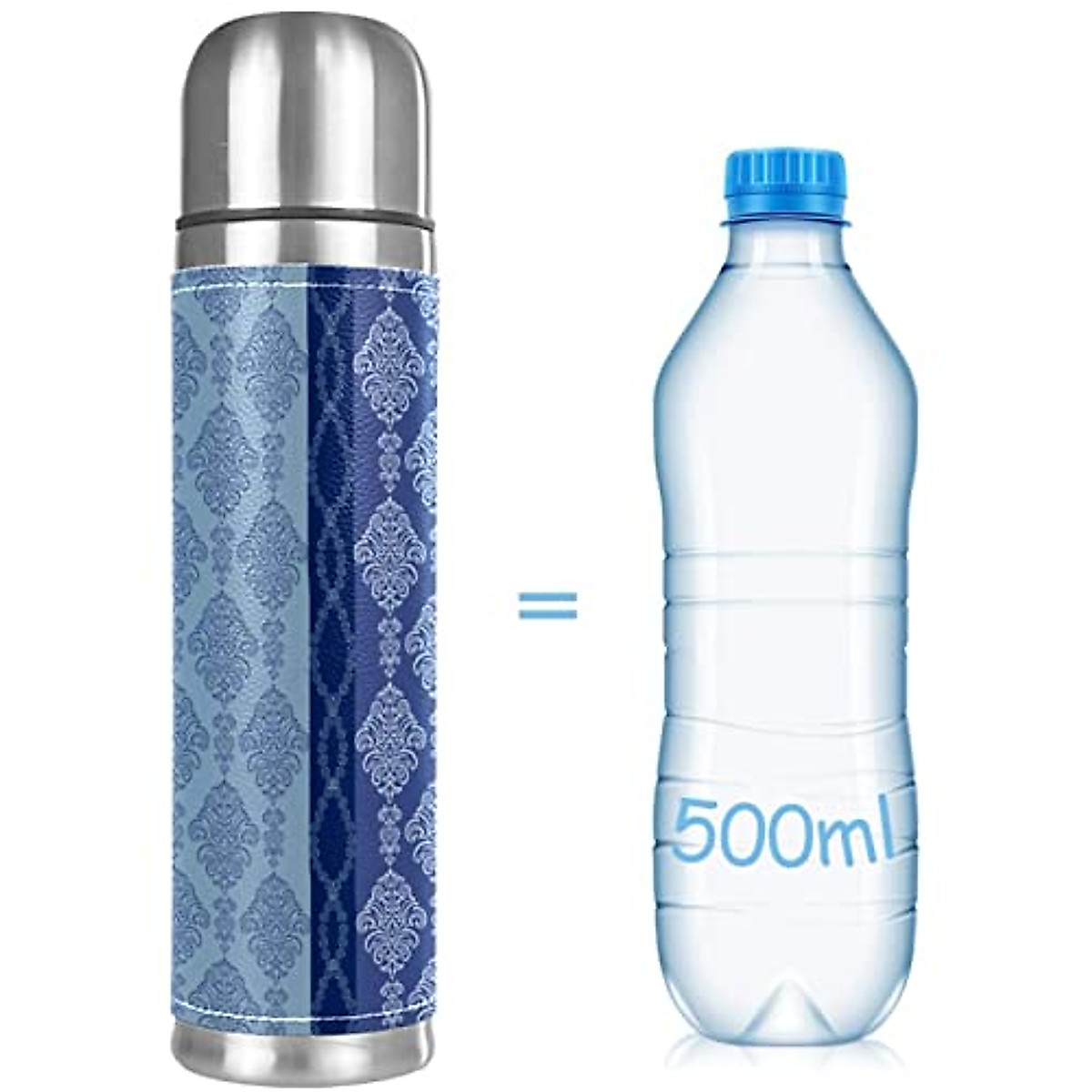 Stainless Steel Leather Vacuum Insulated Mug Vintage Flower Texture Thermos Water Bottle for Hot and Cold Drinks Kids Adults 16 Oz