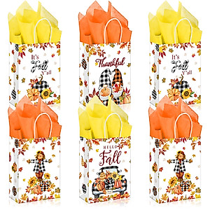 Seajan 32 Pieces Thanksgiving Gift Bags with Tissue Paper Thanksgiving Party Favor Bag with Handles Fall Party Treat Paper Bags Fall Candy Bags Thanksgiving Fall Autumn Party Supplies and Gifts