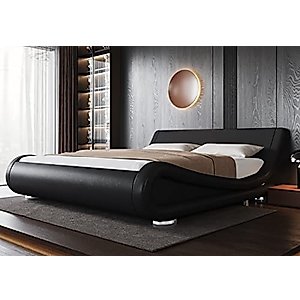 Allewie Queen Size Bed Frame with Ergonomic & Adjustable Headboard, Low Profile Modern Upholstered Platform Sleigh Design - Easy Assembly, No Box Spring Required, Black