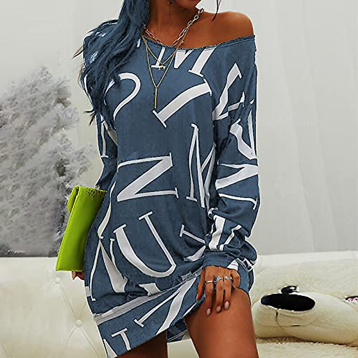 WYTong Women's Dresses Letters Printed Round Neck Dress Sweatshirt Long Sleeve Pullover Dresses(Blue,Small)