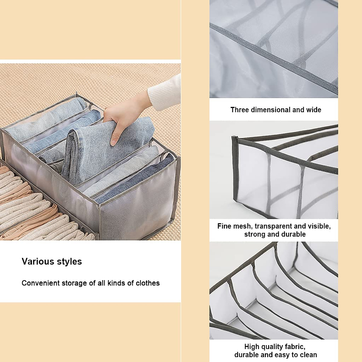 Dongyue 2Pcs 7 Grids Wardrobe Clothes Organizer Jeans Wardrobe Organizer Washable Mesh Kids Drawer Organizer suit for T-shirt,Legging,Skirts,Jeans,Kid Clothes (Grey, Large+Medium)