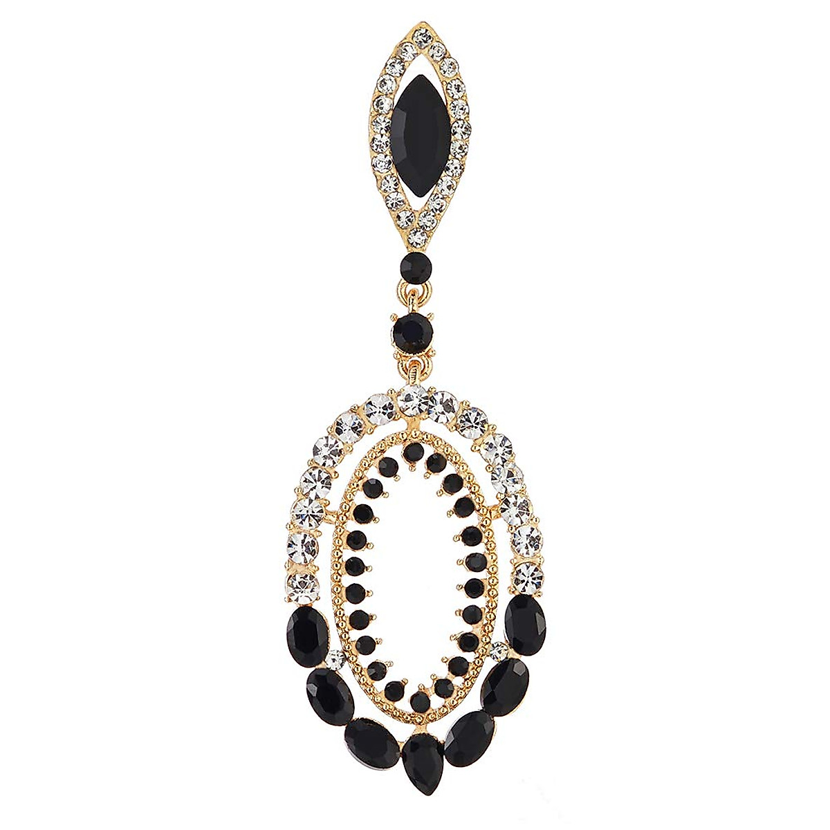 LARGE Gold Color Victorian Marquise Black Crystal Rhinestone Cluster Large Oval Dangle Statement Earrings
