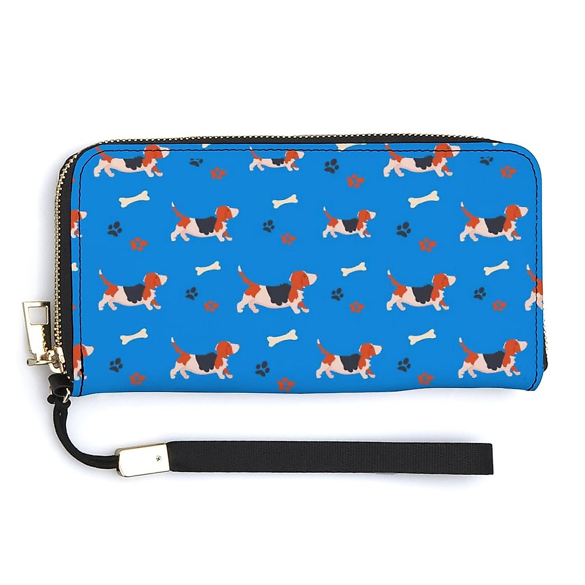 Cartoon Basset Hound PU Leather Clutch Wallets Long Zip Purse Tote Handbag With Removable Wristlet For Women Girl's