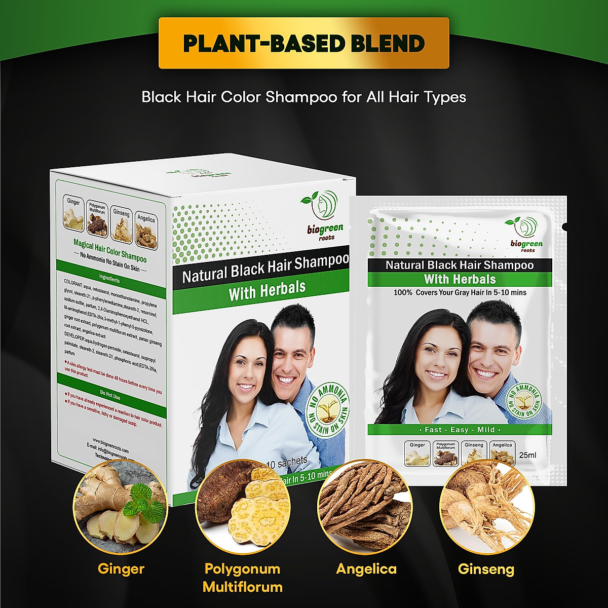 BIOGREEN ROOTS Ammonia-Free Herbal Hair Shampoo - Effectively Covers Gray Hair for Men and Women - Natural Color and Herbal Nourishment - No Stain on Skin - Natural Black (20 sachets x 25 ml)