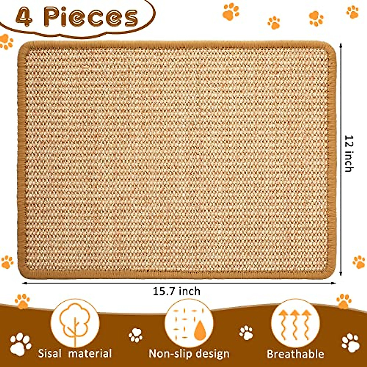 4 Pcs Cat Scratch Mat Sisal Cat Scratching Pad Mat for Cats Scratching Pad Rug for Cat Grinding Claws and Carpets Sofa Couch Furniture Door Protector, Light Brown, 15.7 x 12 Inch