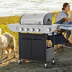 Propane Gas Grill, 4 Burners BBQ Grill with Side Burner & Thermometer, Freestanding Stainless Steel Grill Cart with Wheels for Outdoor Garden Cooking Barbecue, 42000 BTU