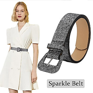 Yalice Shiny Sequins Belt Rhinestone Leather Sash Belt Women Bling Skinny Belts for Dress Studded Waist Belt for Jeans Pant (Antique Silver)