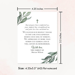 Hello Love Goods Greenery Funeral Thank You Cards with Cross, Personalized Sympathy Acknowledgement Cards with Envelopes, 4.25x5.5 Flat Notecards