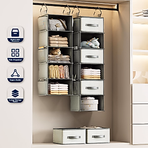 5 Tier Hanging Closet Organizer, Collapsible Thicken Hanging Shelves, with 3 Side Pockets and 2 Removable Drawers, Suitable for Bedroom Closet Clothing Storage Grey