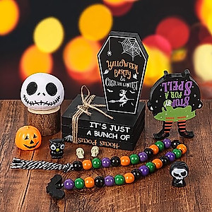 Hocus Pocus Halloween Decorations indoor, 6 Pcs Hocus Pocus Halloween Decor with Tombstones, hocus pocus book, Witches Cauldron, beads garland, Halloween Tiered Tray Decor for Home Table Kitchen decor