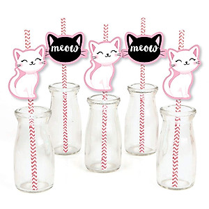 Big Dot of Happiness Purr-fect Kitty Cat - Paper Straw Decor - Kitten Meow Baby Shower or Birthday Party Striped Decorative Straws - Set of 24